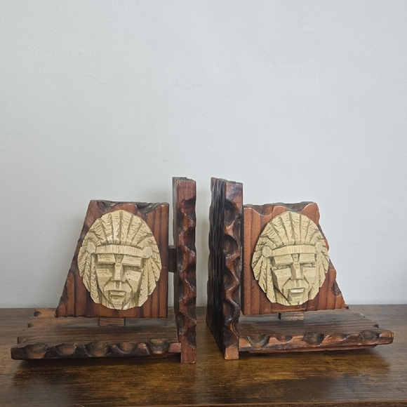 Art | Vintage Aztec Indian Native Double Sided Heavy Wooden Bookends ...